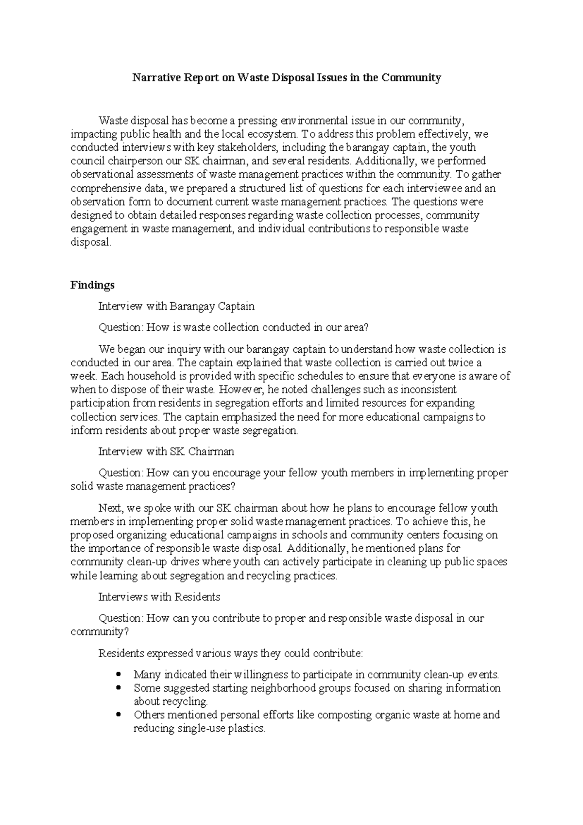 Narrative Report on Waste Disposal Issues in the Community - To address ...