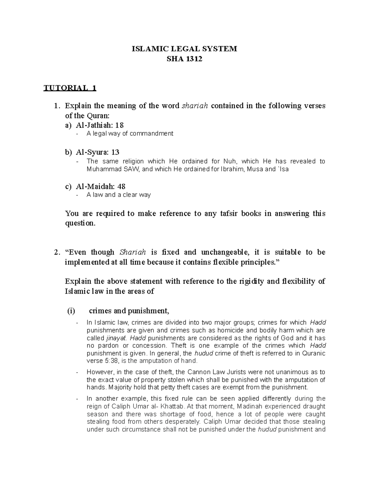 Tutorial 1 SHA 1312 - Discussion on terminologies of the word shariah ...