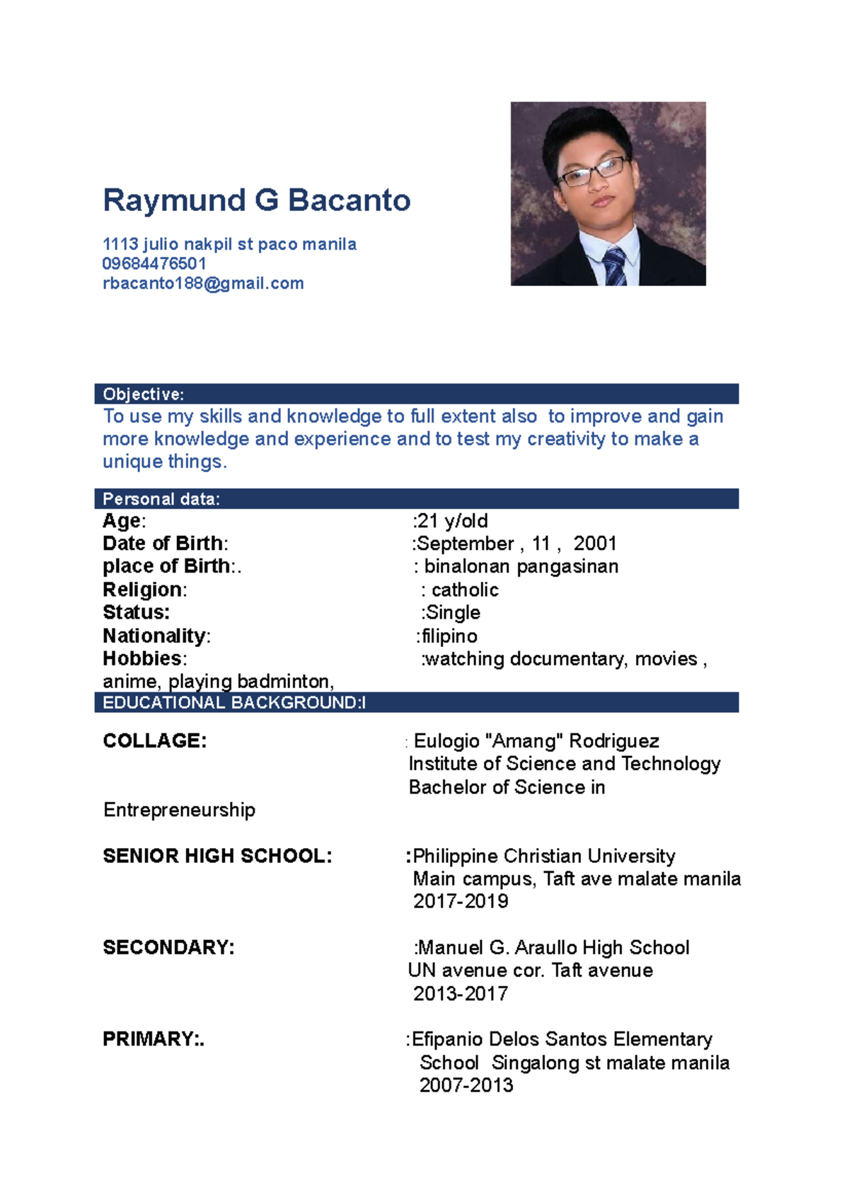 Professional-resume-template - Raymund G Bacanto 1113 julio nakpil st ...