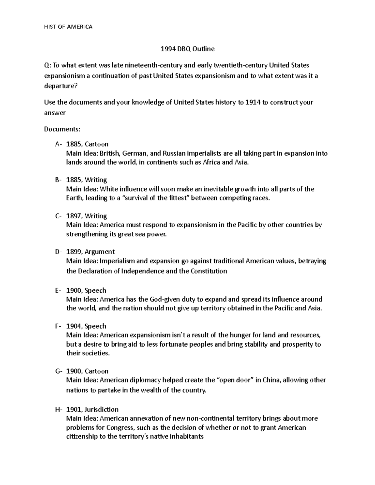 1994 DBQ Outline - HIST OF AMERICA 1994 DBQ Outline Q: To what extent ...