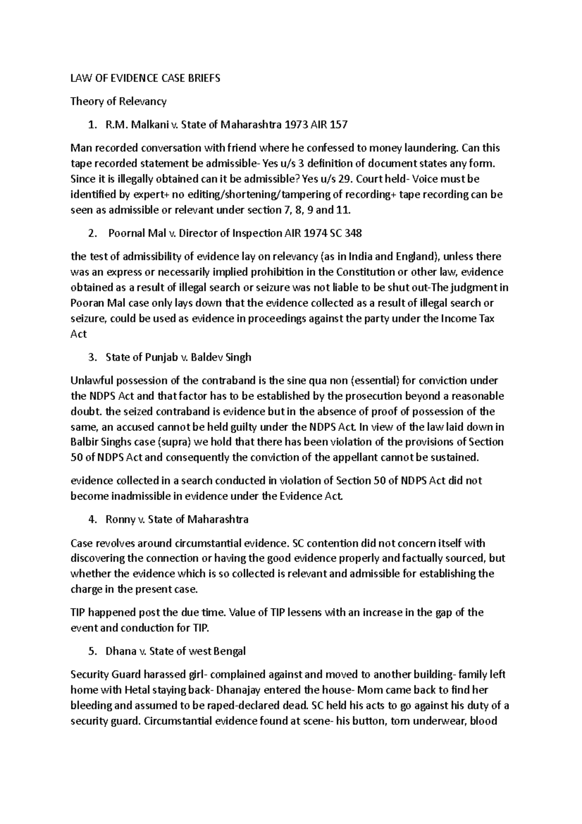 LAW OF Evidence CASE Briefs - LAW OF EVIDENCE CASE BRIEFS Theory of ...