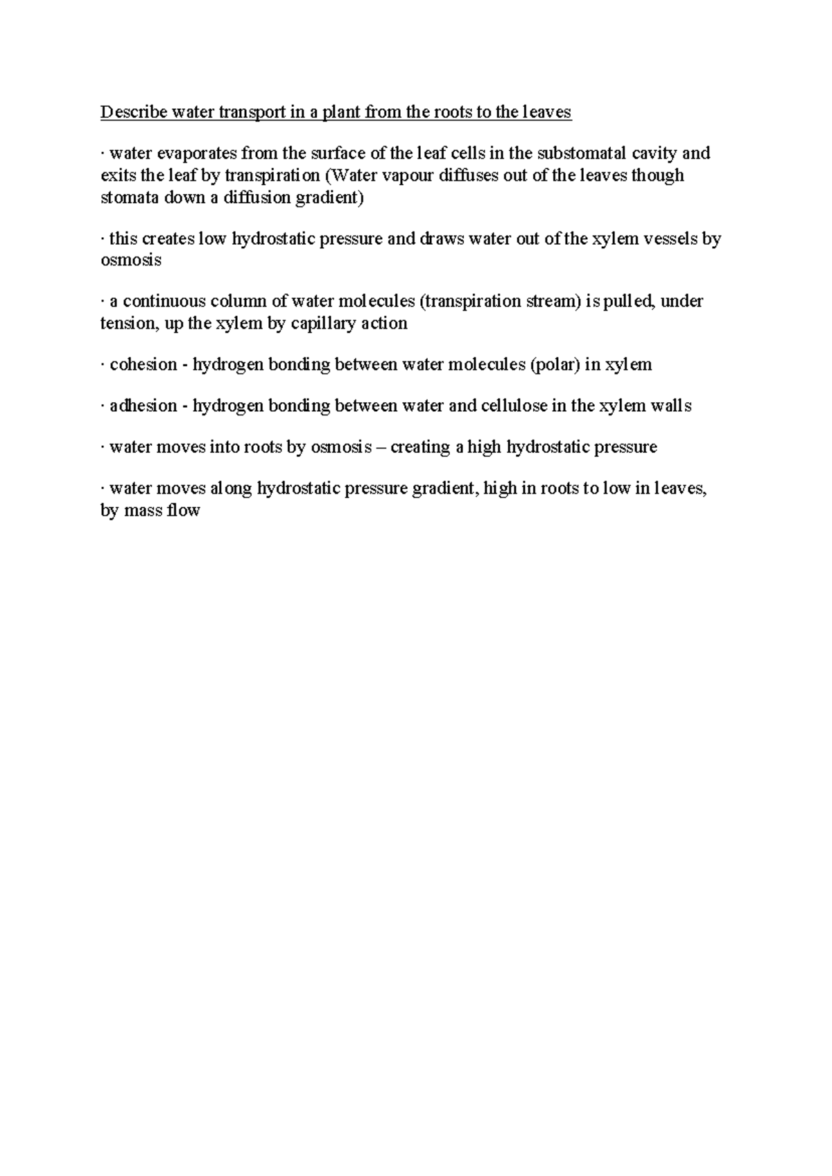 Transpiration notes - Describe water transport in a plant from the ...