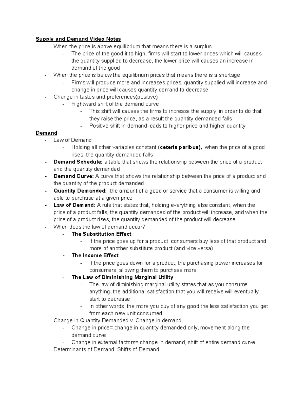 Supply and Demand Econ Notes Unit 2 - Supply and Demand Video Notes ...
