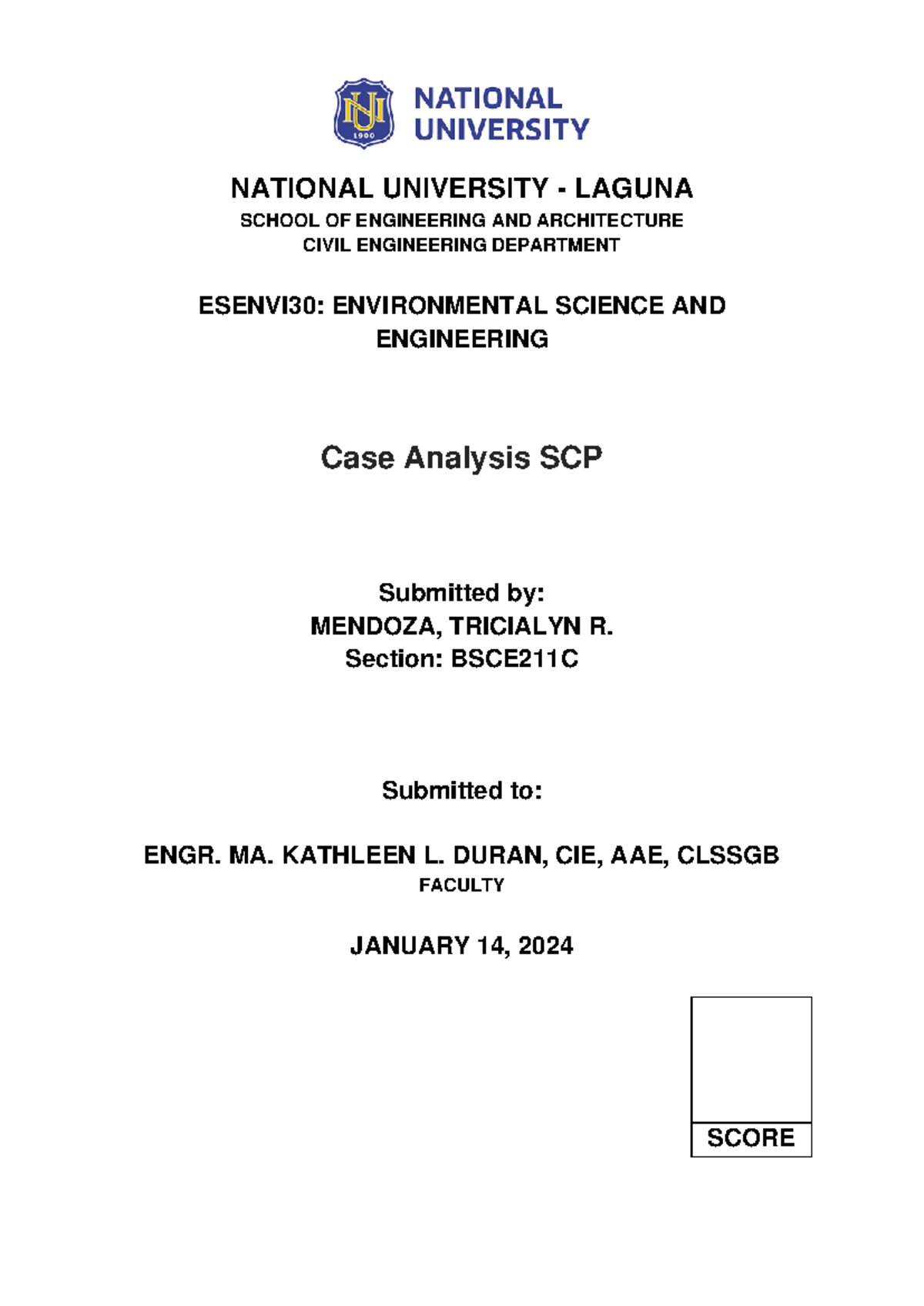 SCP Case Analysis - Activity - NATIONAL UNIVERSITY - LAGUNA SCHOOL OF ...