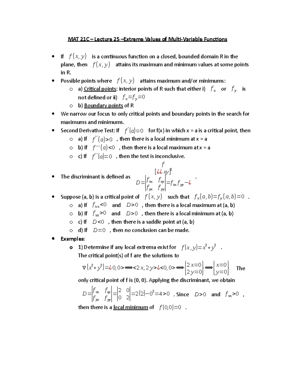 Mat 21c Lecture 25 Extreme Values Of Multi Variable Functions Mat 21c Lecture 25 Values Of