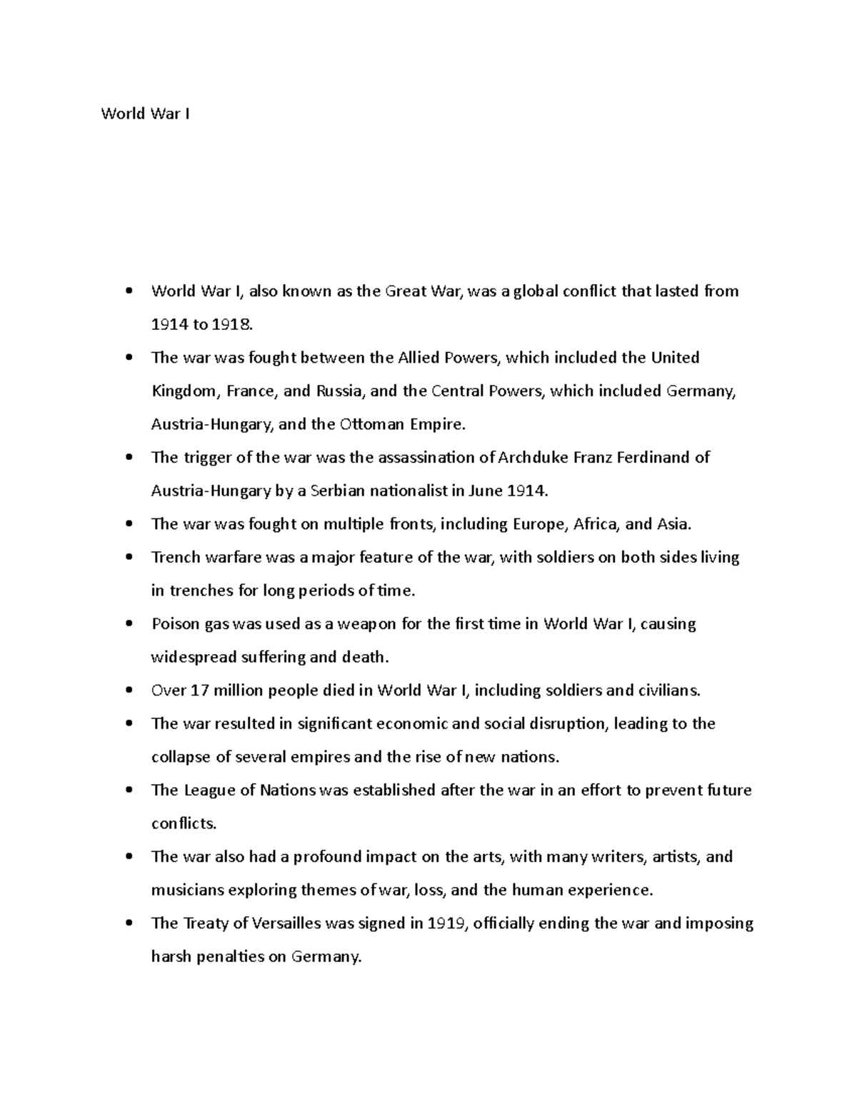 World War I notes history - World War I World War I, also known as the ...