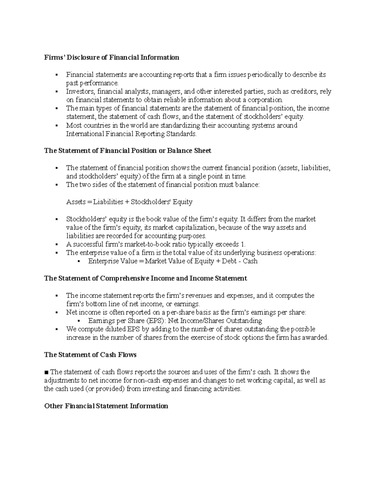 Chapter 2 finance notes - Firms’ Disclosure of Financial Information ...