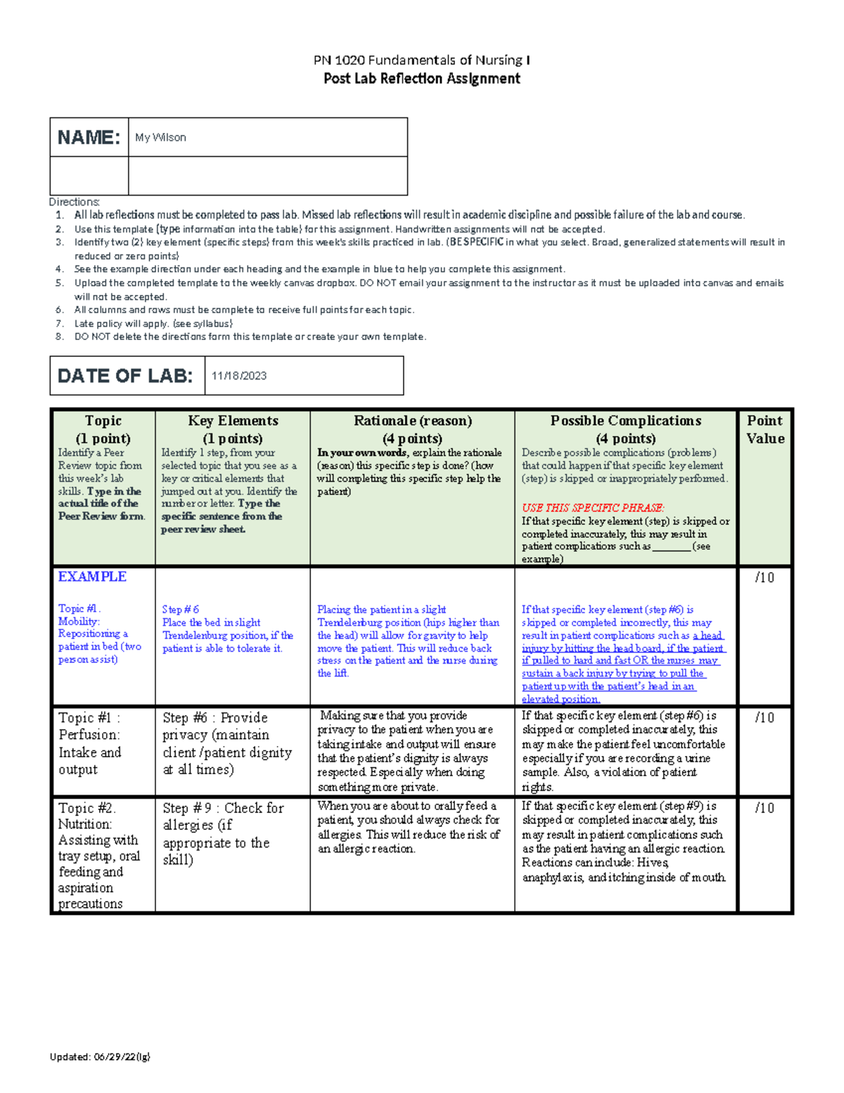 Lab reflections 3 - PN 1020 Fundamentals of Nursing I Post Lab ...