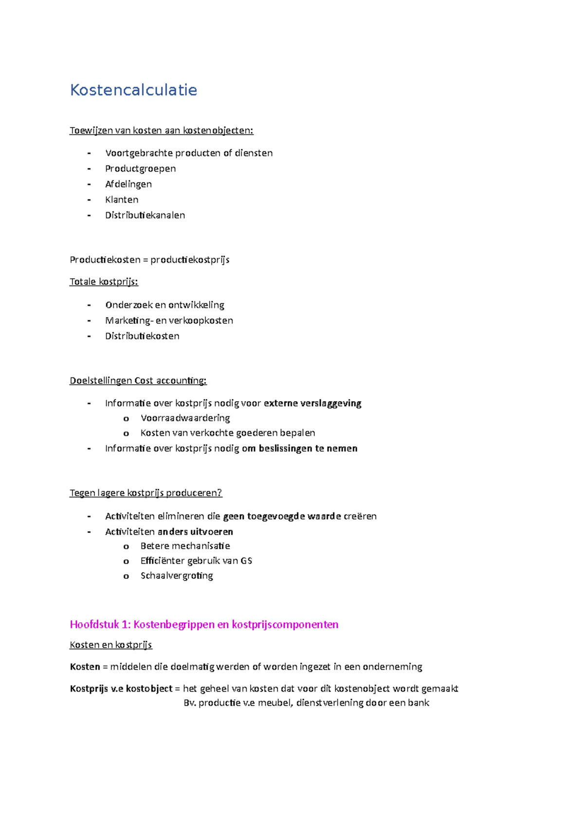 Kostencalculatie samenvatting - Kostencalculatie Toewijzen van kosten aan kostenobjecten ...