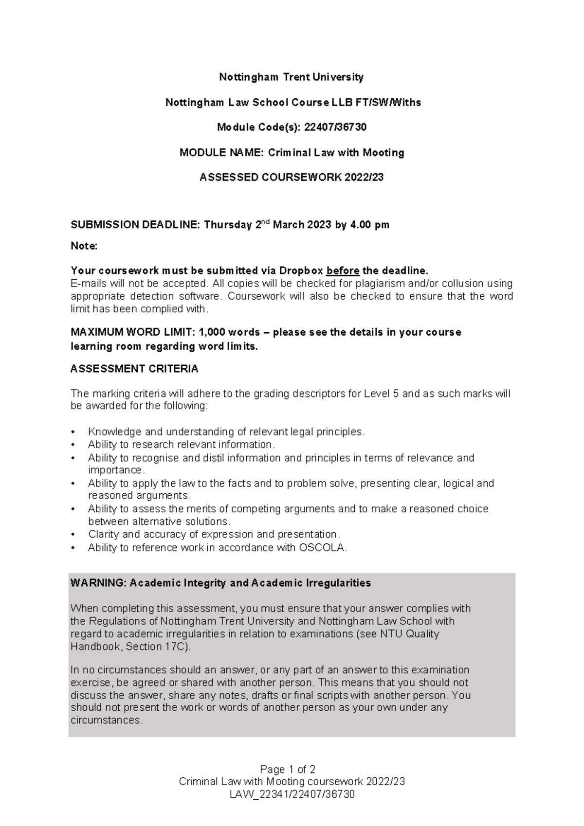 Criminal Law with Mooting Assessed coursework 22-23 - Nottingham Trent ...