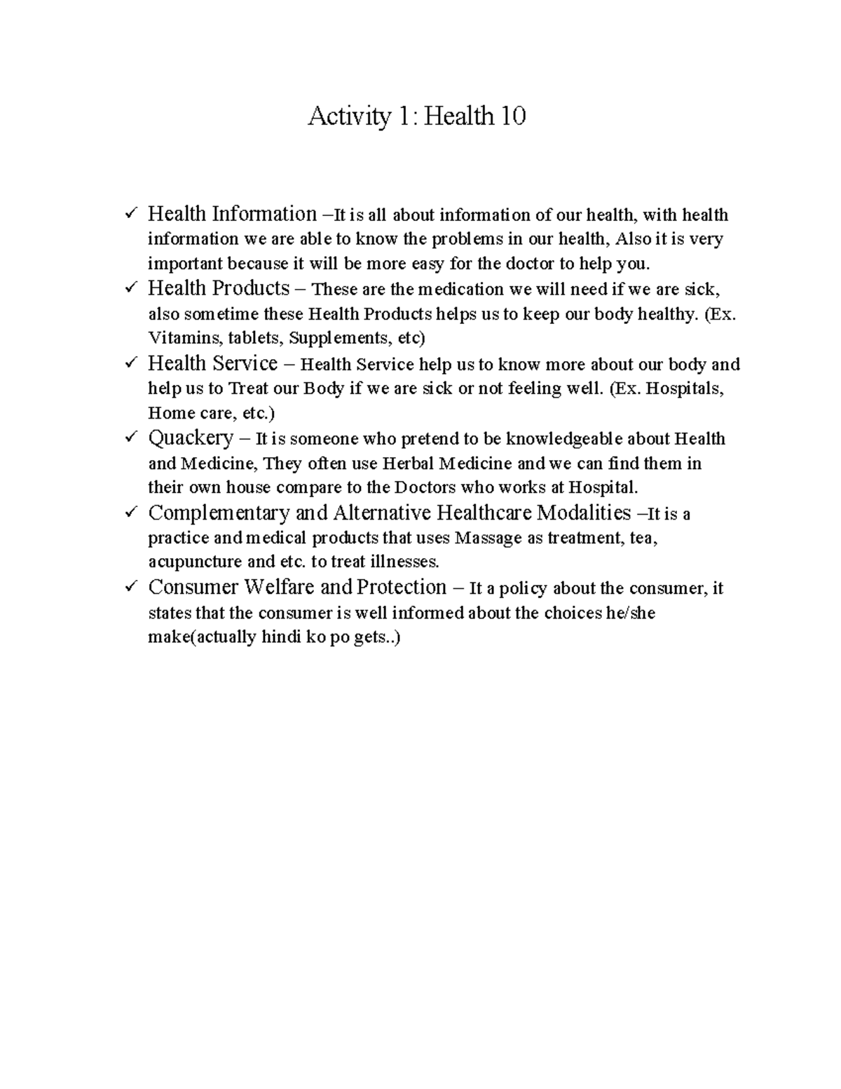 Health 10 1st Actvity - Activity 1: Health 10 Health Information –It is ...