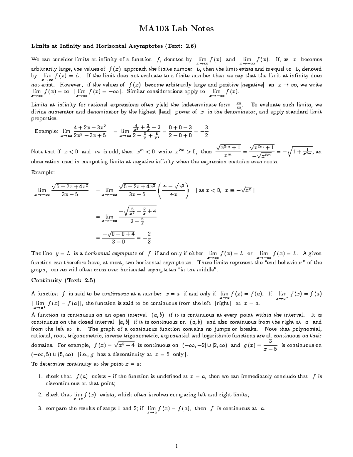 103lab2prep - Prep for lab - MA103 Lab Notes Limits at Infinity and ...