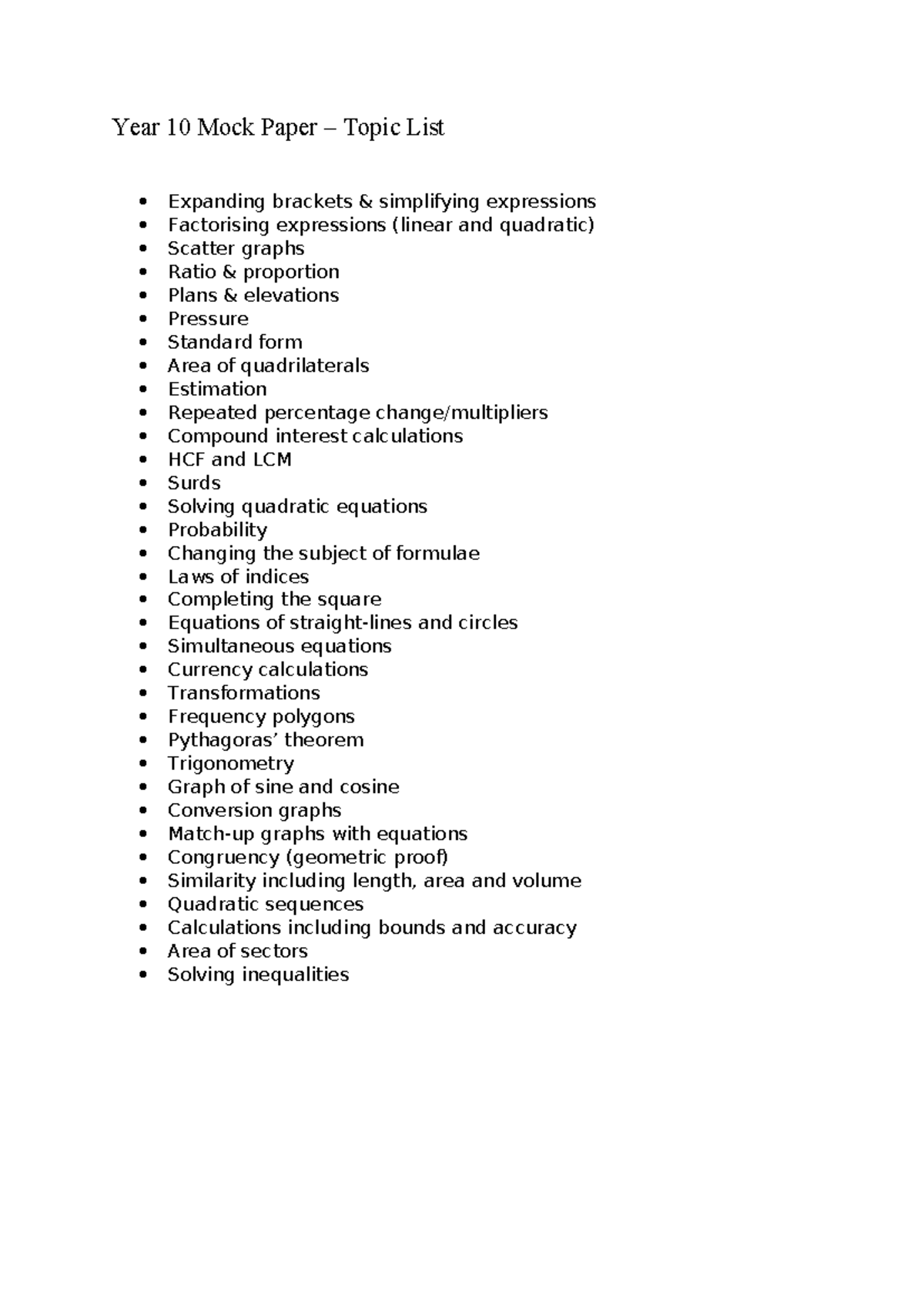 Year 10 Mock Paper topic list - Year 10 Mock Paper – Topic List ...