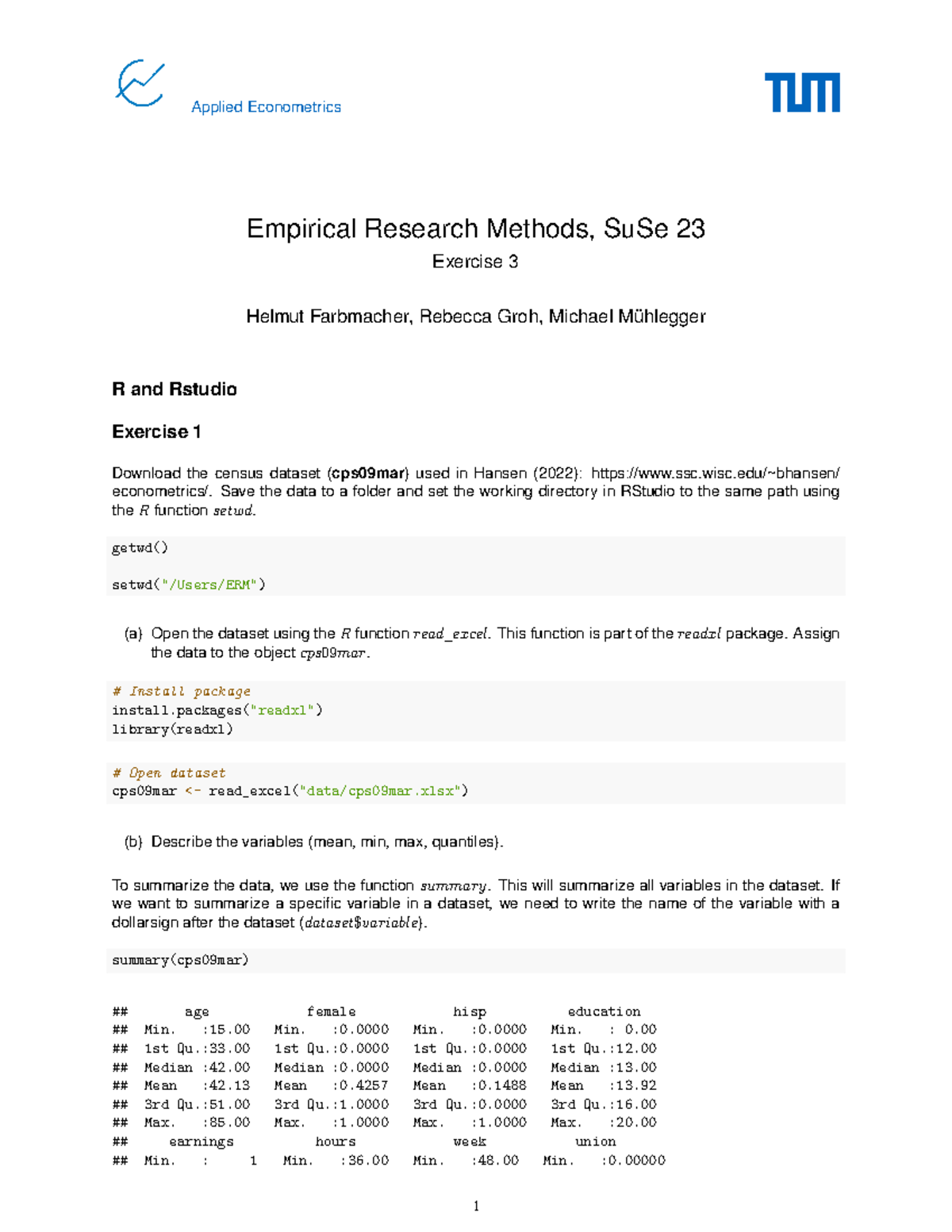 Exercise 3 solution - Applied Econometrics Empirical Research Methods, SuSe 23 Exercise 3 Helmut ...