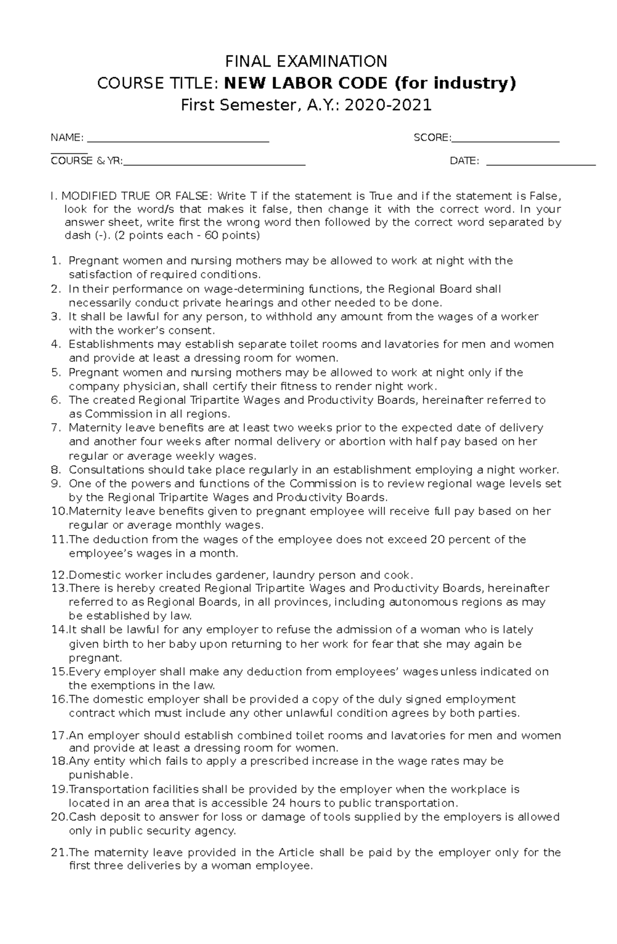 NEW Labor CODE Final Examination - FINAL EXAMINATION COURSE TITLE: NEW ...