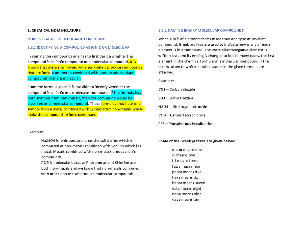 Lec 1 chembio 02 - Chemical Nomenclature and Formula Writing - 1 ...
