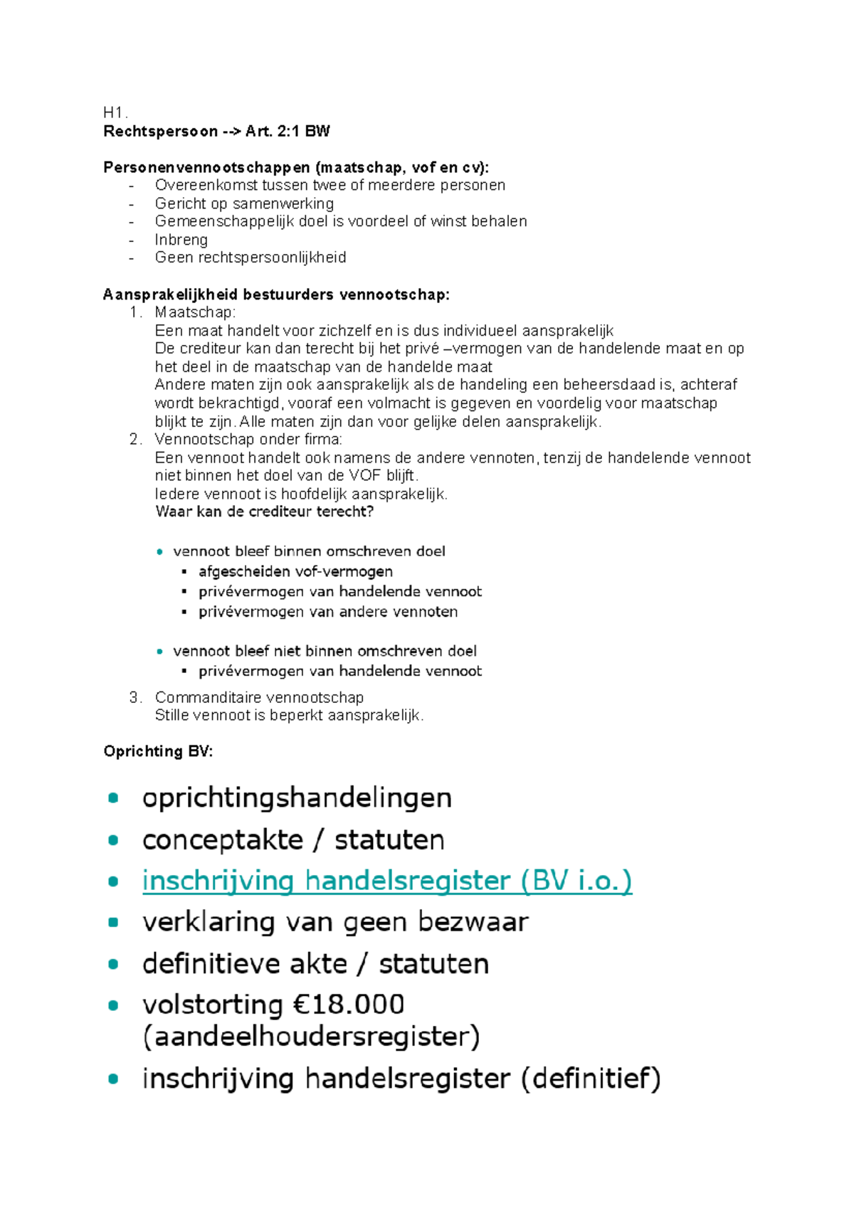 Bedrijfsrecht aantekeningen les - H1. Rechtspersoon Art. 2:1 BW ...