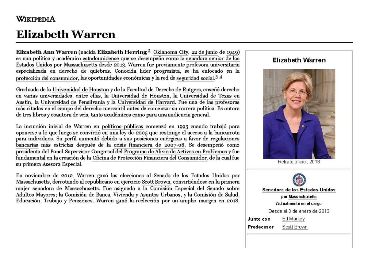 Elizabeth Warren - Wikipedia, la enciclopedia libre - Elizabeth Warren ...