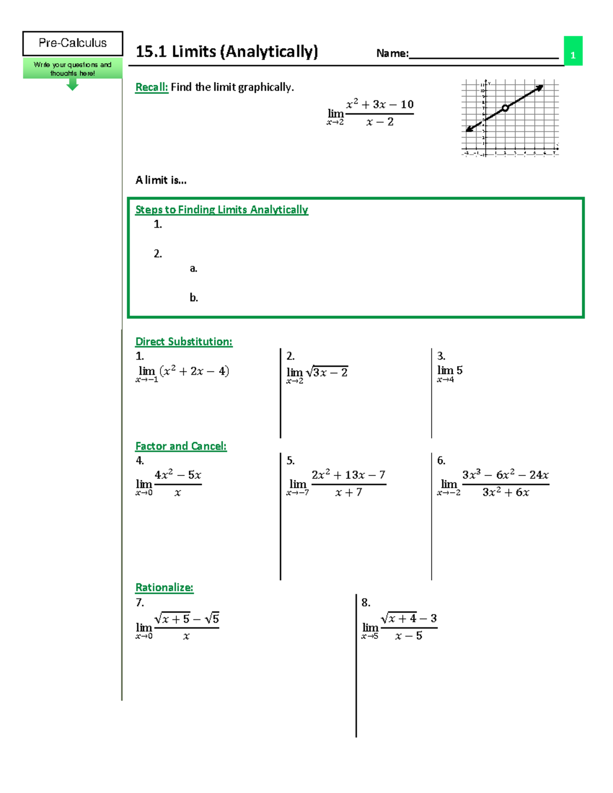 PC Unit 15 Packets - Intro to Calculus - 15 Limits (Analytically) Name