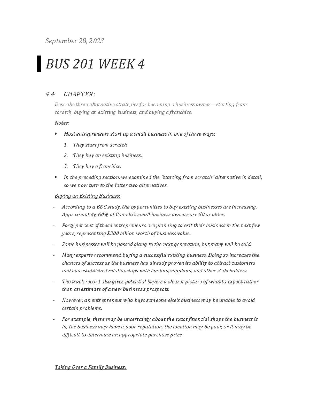 BUS 201 WEEK 4 - Week 4 notes - September 28, 2023 BUS 201 WEEK 4 4 ...