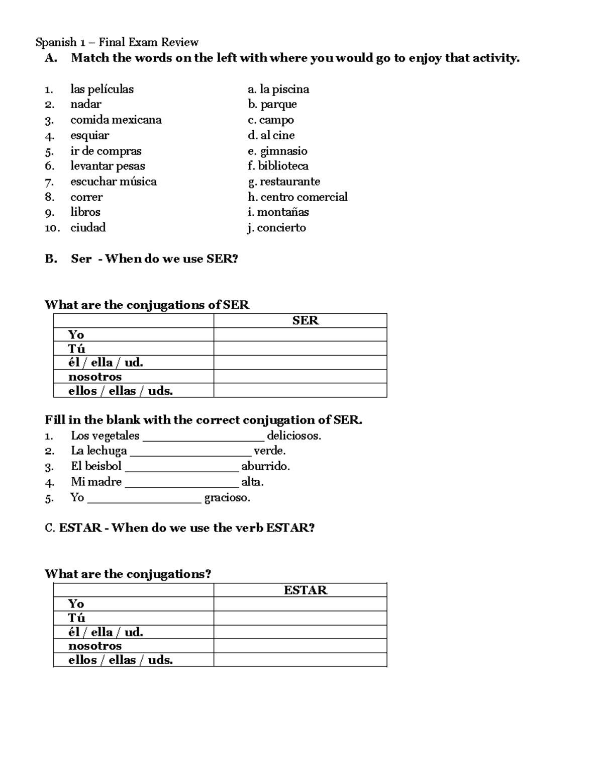 Spanish 1 - final review guide exercises - Spanish 1 – Final Exam ...