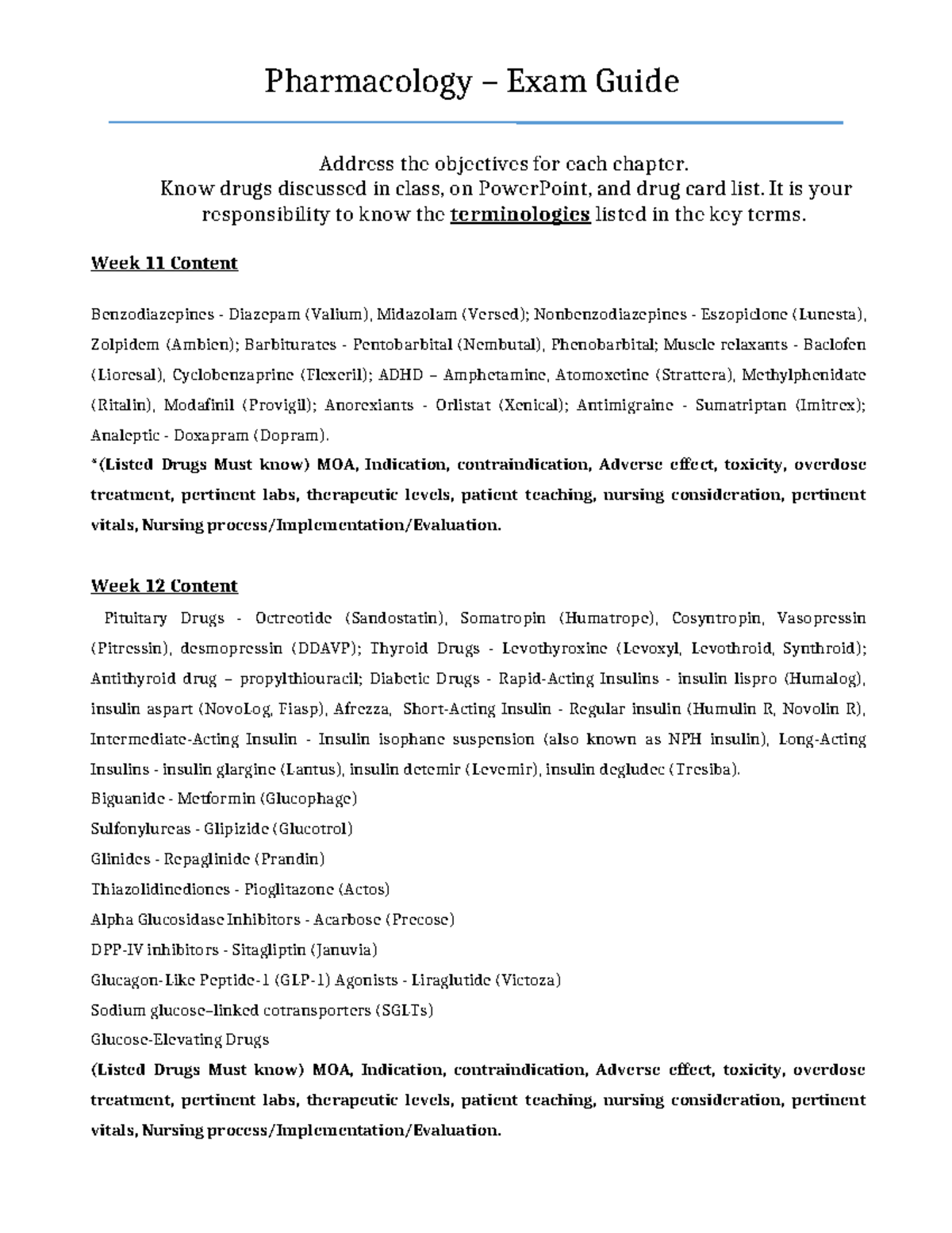 Exam 4 Guide - blueprint for test - Pharmacology – Exam Guide Address ...