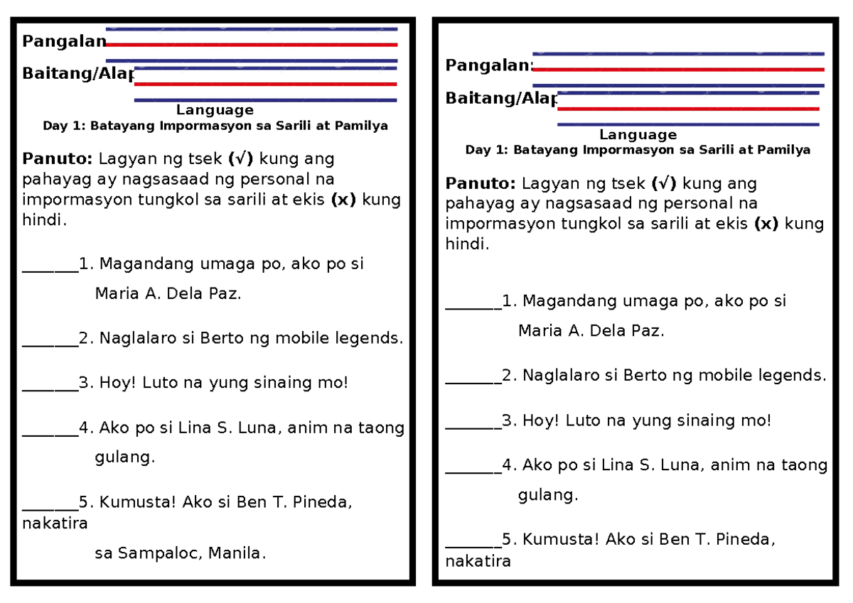 G1 Q1 W1 Language WS - Activity Sheets - Pangalan: Baitang/Alap: Language Day 1: Batayang - Studocu