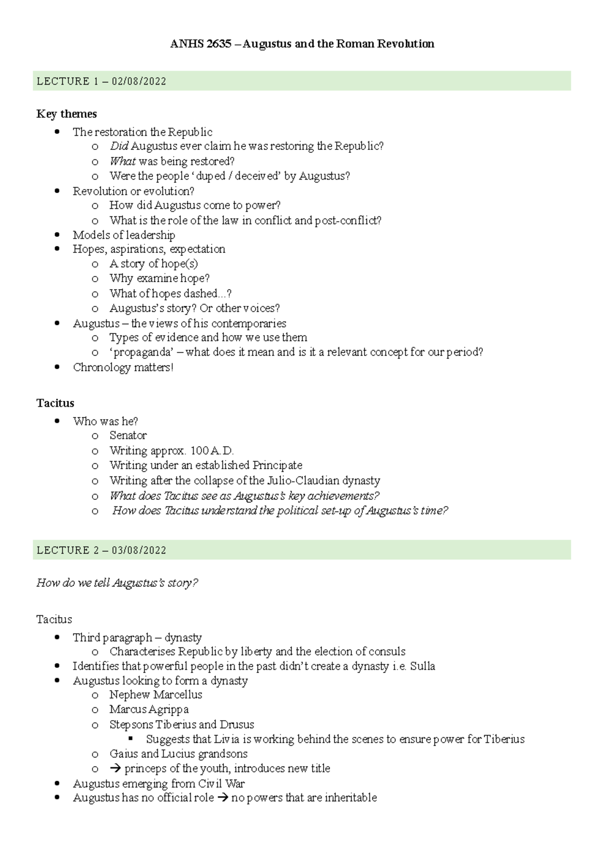 ANHS2635 Lecture notes - ANHS 2635 – Augustus and the Roman Revolution ...