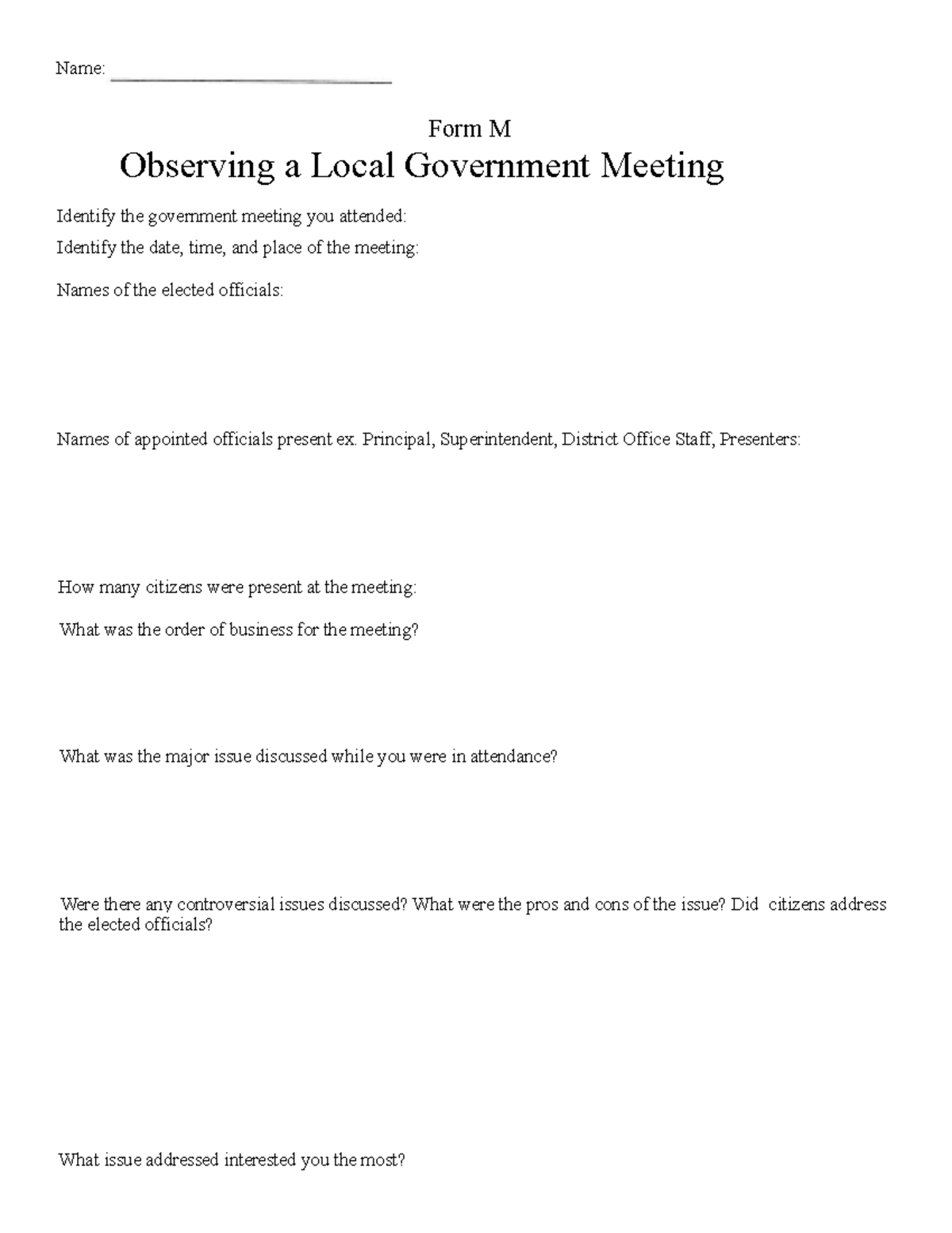Form M - Practice sheet note - Name: Form M Observing a Local ...
