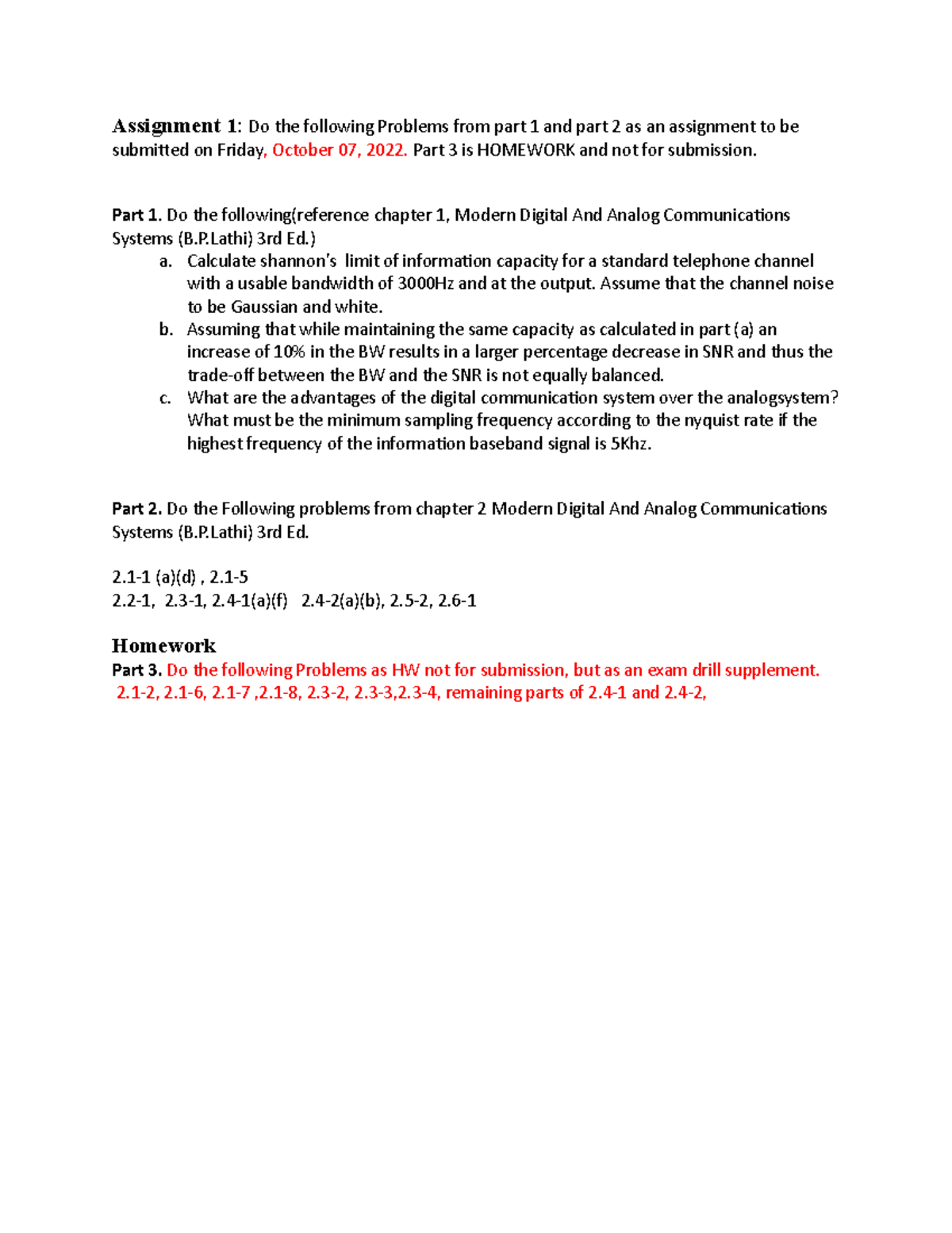 Assignment 1pcs-FA22 - Assignment 1: Do the following Problems from part 1 and part 2 as an ...