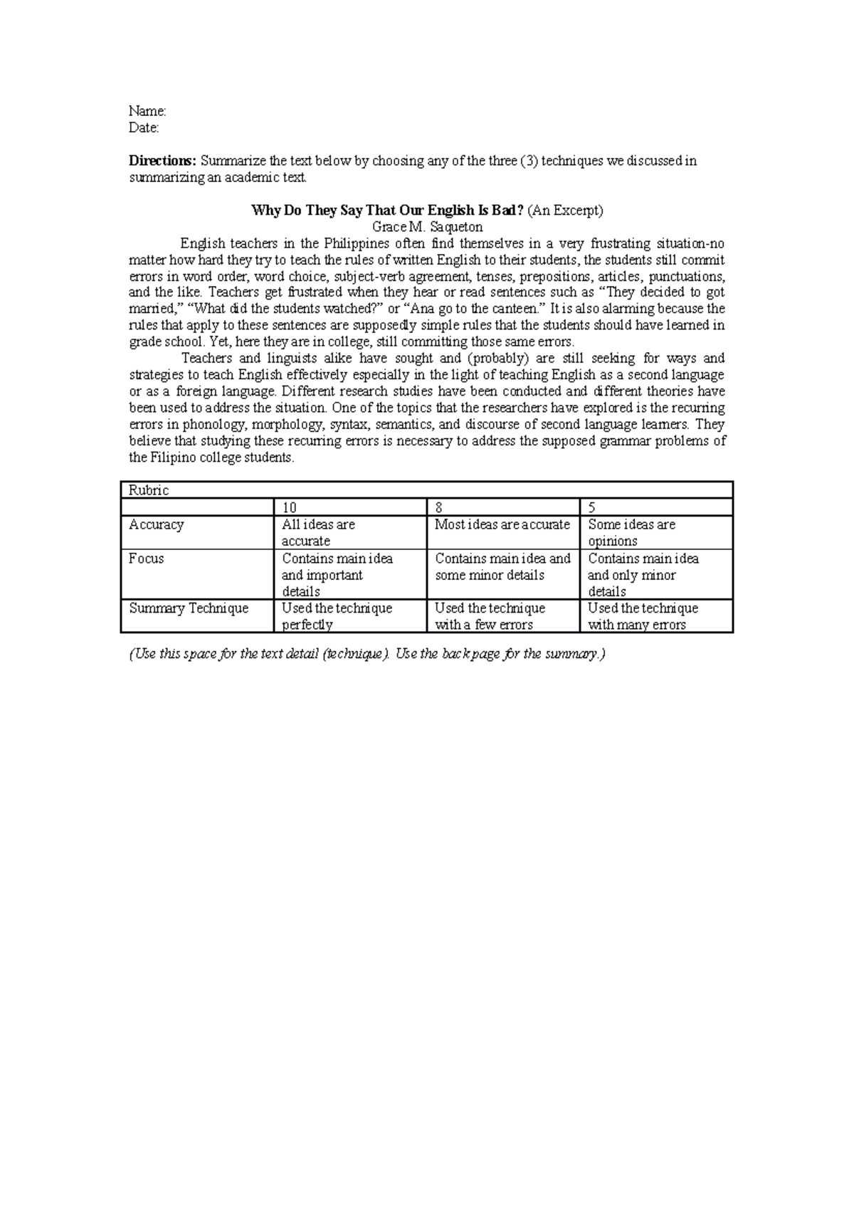 G11 Summarizing Text Activity - Name: Date: Directions: Summarize the ...