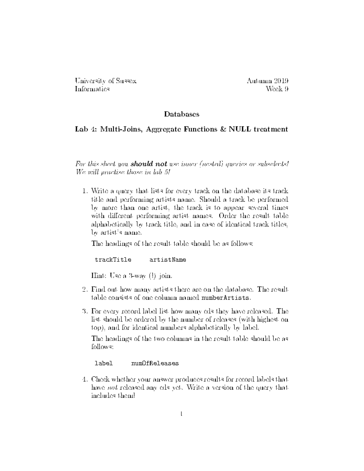 SQL practice sheet 4 - University of Sussex Autumn 2019 Informatics ...
