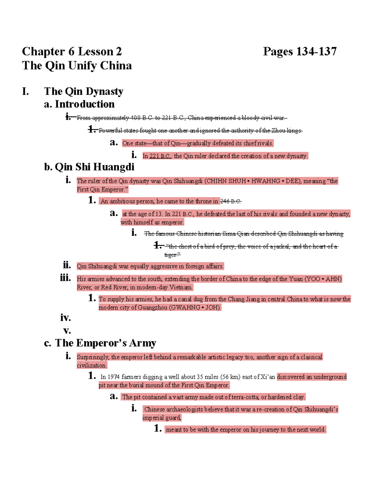 Chapter 6 Lesson 2 (Pages 134-137) - The Qin Unify China - Outline ...