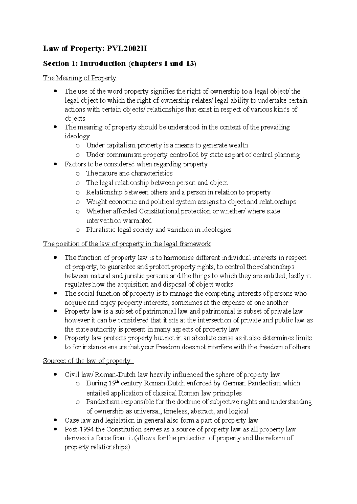 Property Law Notes - Law of Property: PVL2002H Section 1: Introduction ...
