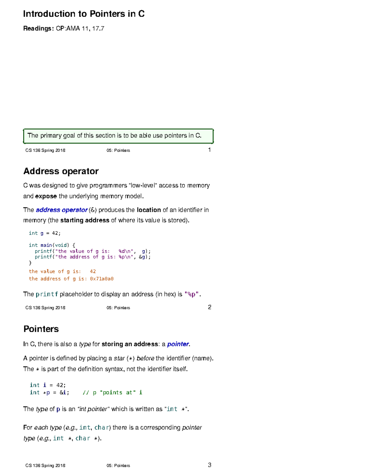 Cs 7 Lecture Notes Introduction To Pointers In C Readings Cpama 11 17 The Primary Goal