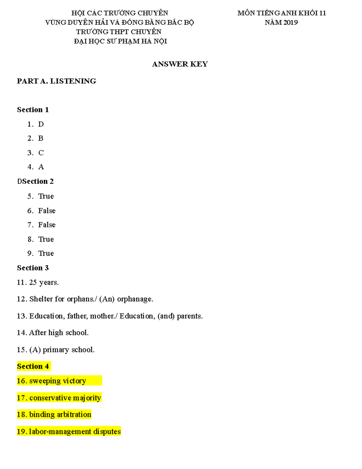 Answer Key+ transcript, T.Anh lop 11, 2019 , Trang, Chuyen Sư pham ...