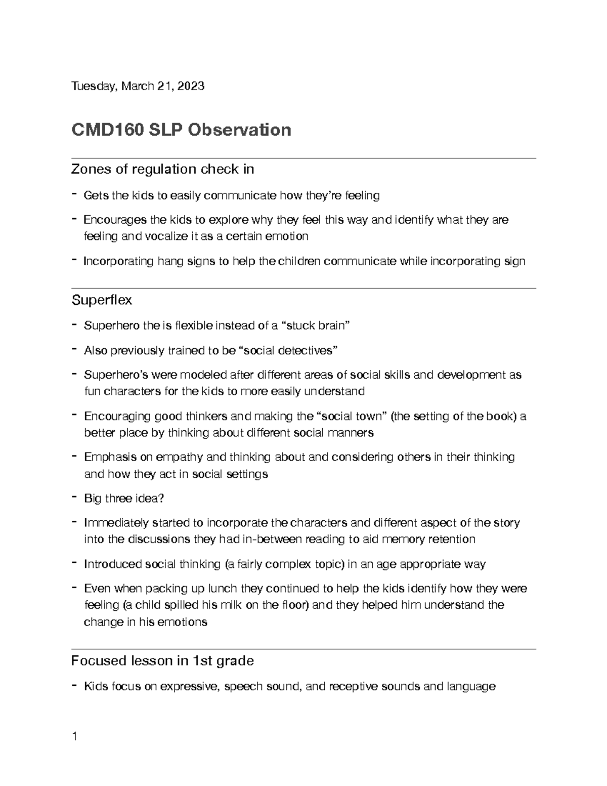 SLP Observation 3:21:23 - Tuesday, March 21, 2023 CMD160 SLP ...