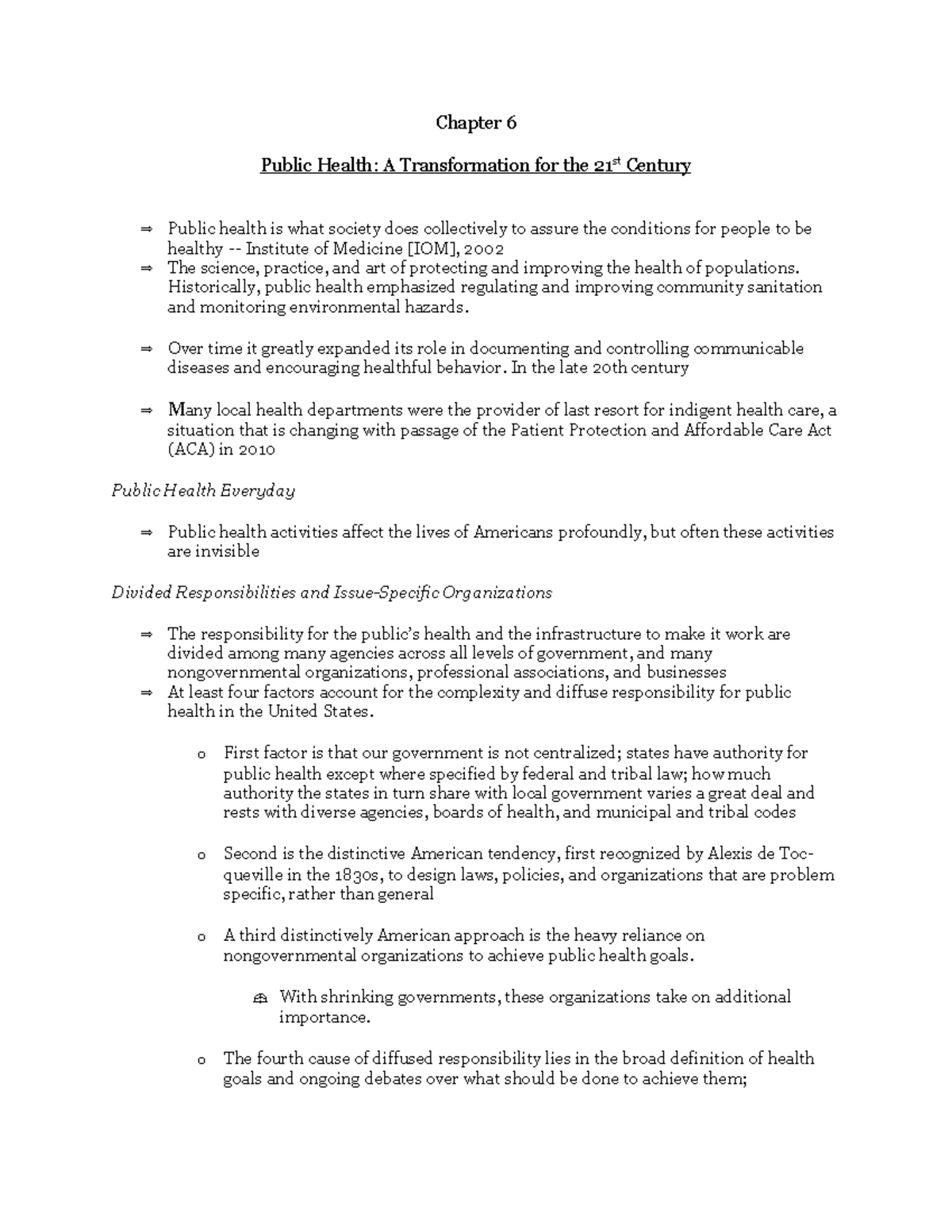 HPM Chapter 6 Notes - Chapter 6 Public Health: A Transformation for the ...