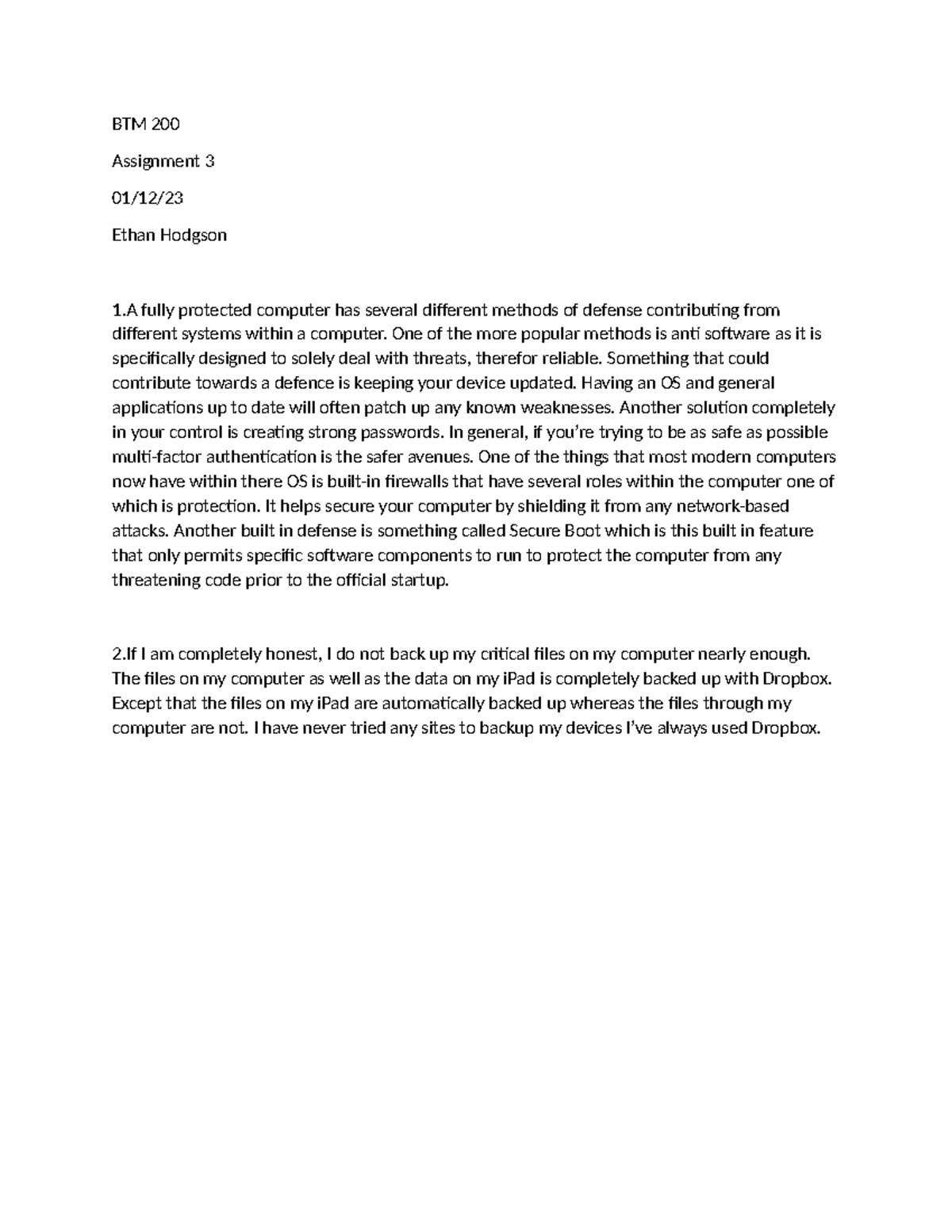 Ethan assignment 3 - BTM 200 Assignment 3 01/12/ Ethan Hodgson 1 fully ...