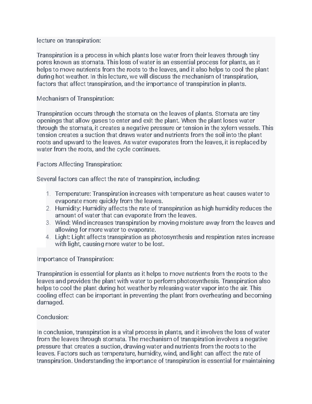 Lecture on transpiration - lecture on transpiration: Transpiration is a ...