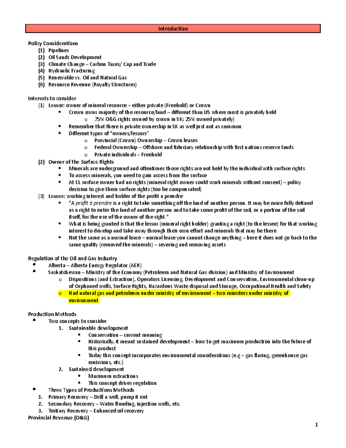 Oil and Gas CANS - Lecture summary - Introducion Policy Consideraions ...