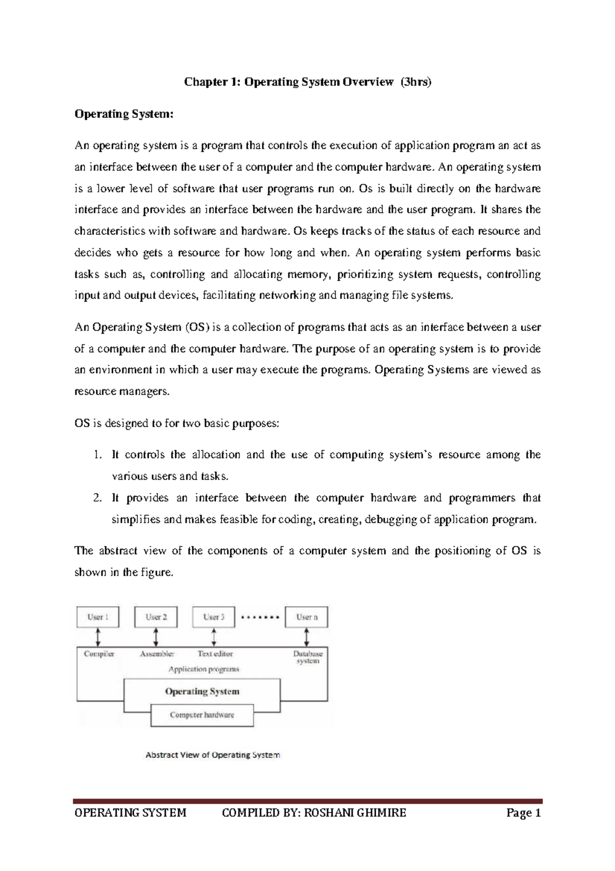 Compile note of os by er roshani mam - Chapter 1: Operating System Overview (3hrs) Operating ...