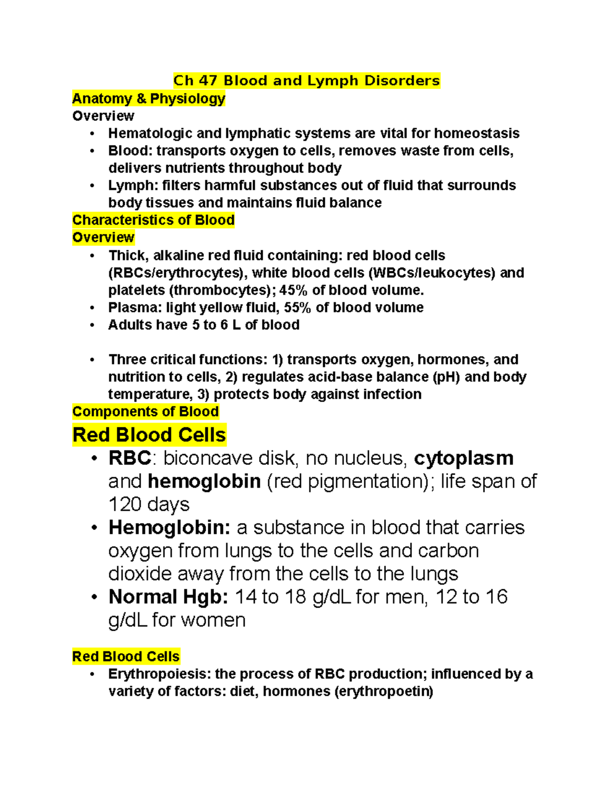Ch 47 Blood AND Lymph Notes - Ch 47 Blood and Lymph Disorders Anatomy ...