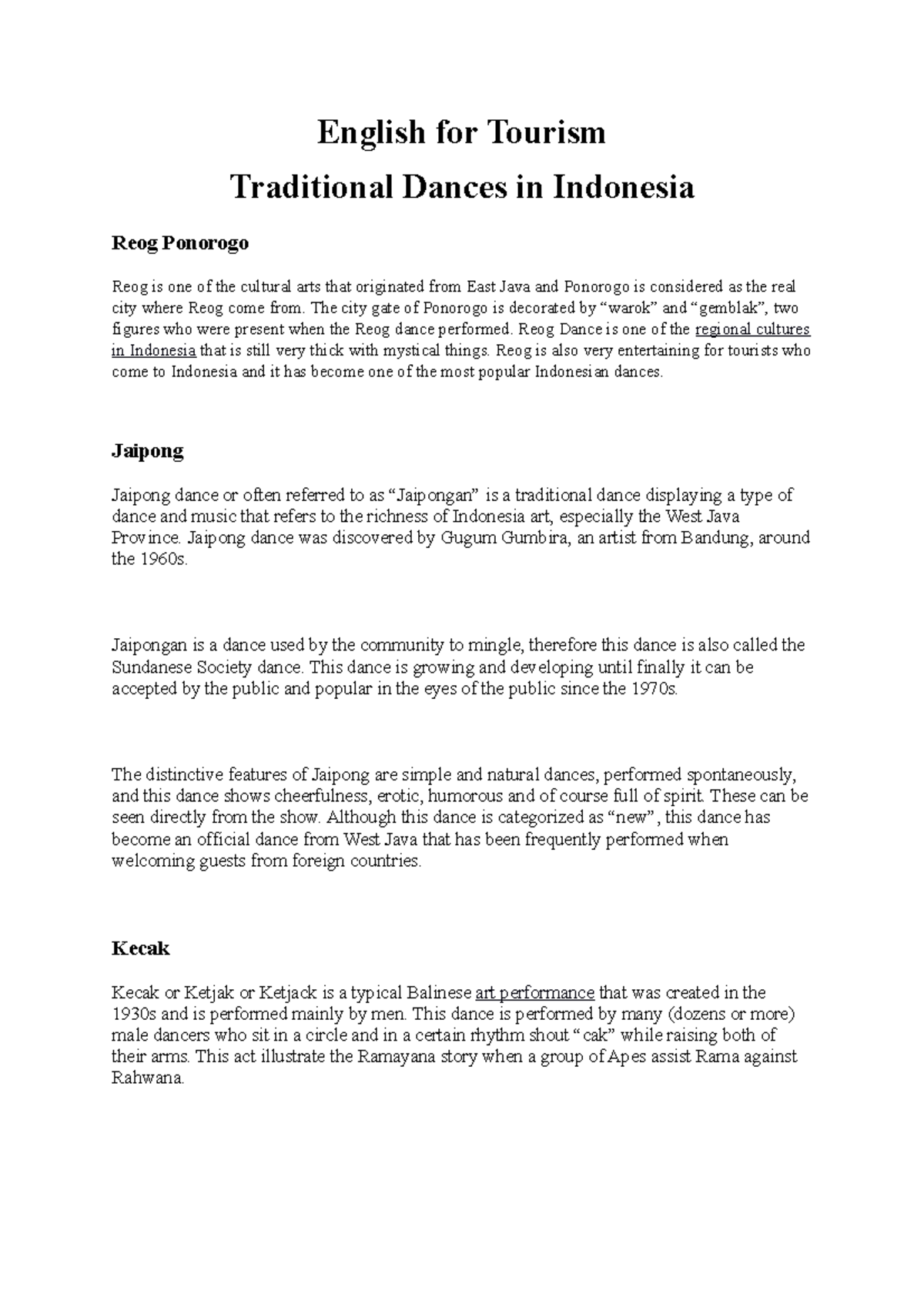 English for Tourism - Traditional Dances in Indonesia - English for ...