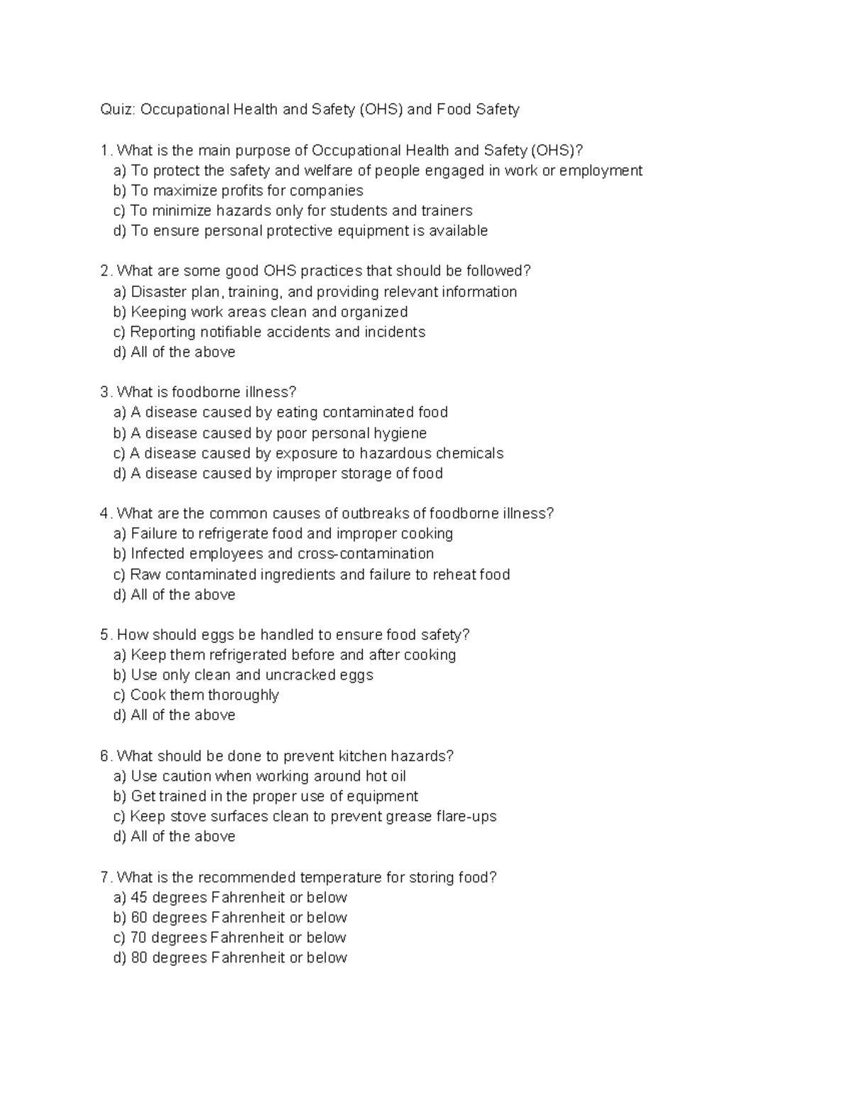 Grade Level 10 - Quiz - Egg dishes - Quiz: Occupational Health and ...