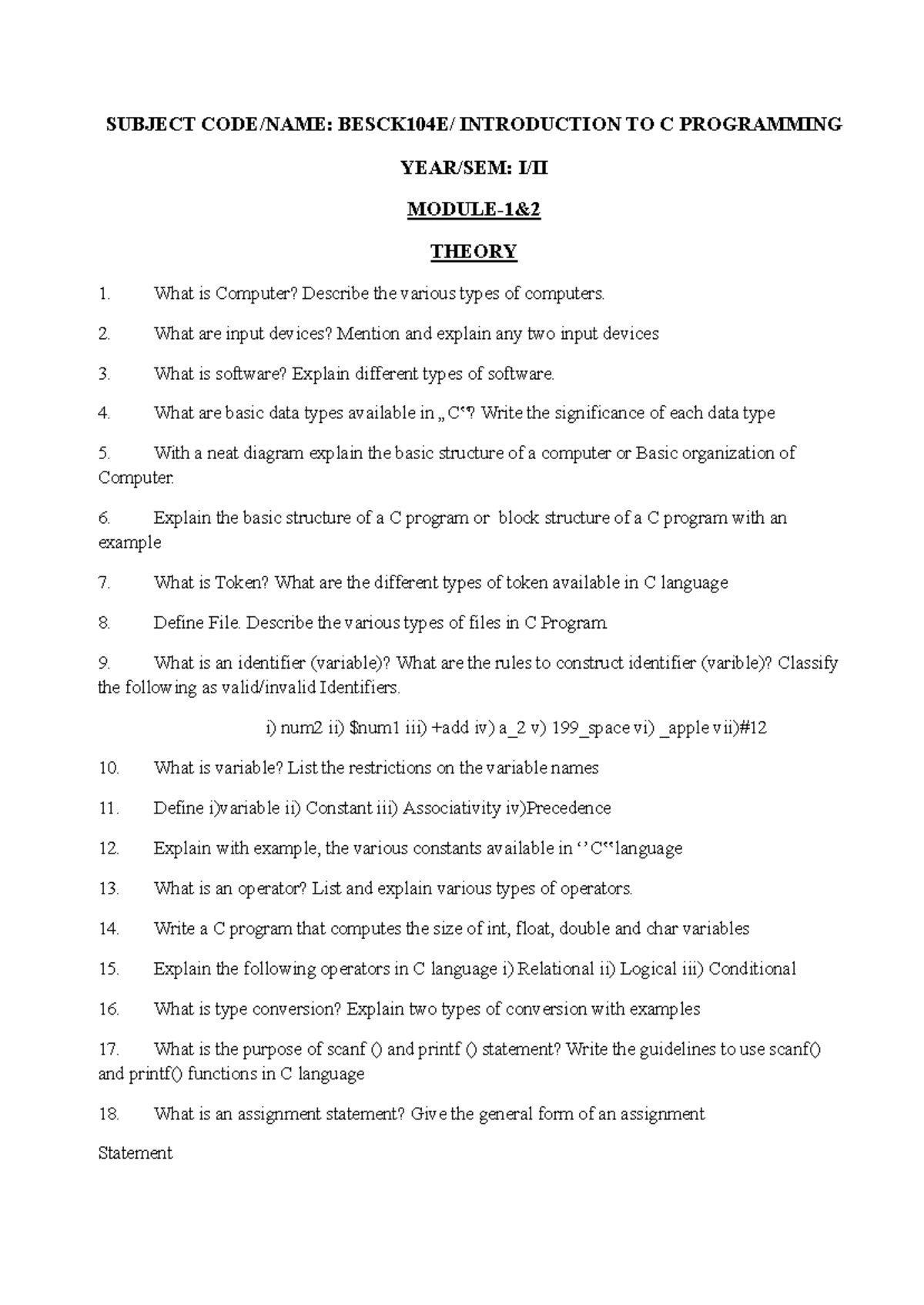 ICP Question Bank 1 - ICP - SUBJECT CODE/NAME: BESCK104E/ INTRODUCTION TO C PROGRAMMING YEAR/SEM ...