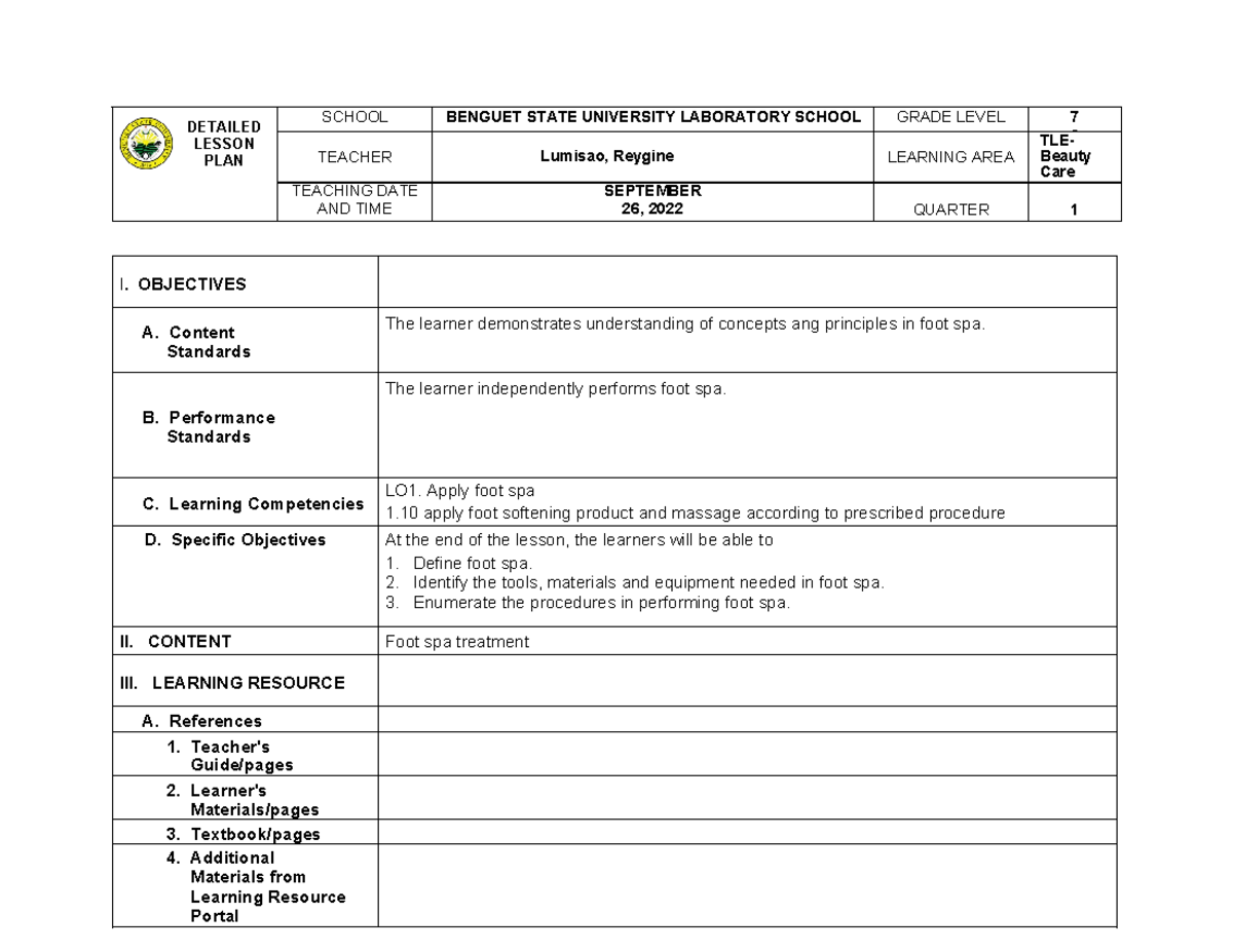 DLP foot spa - This is a Detailed Lesson Plan for footspa - DETAILED ...