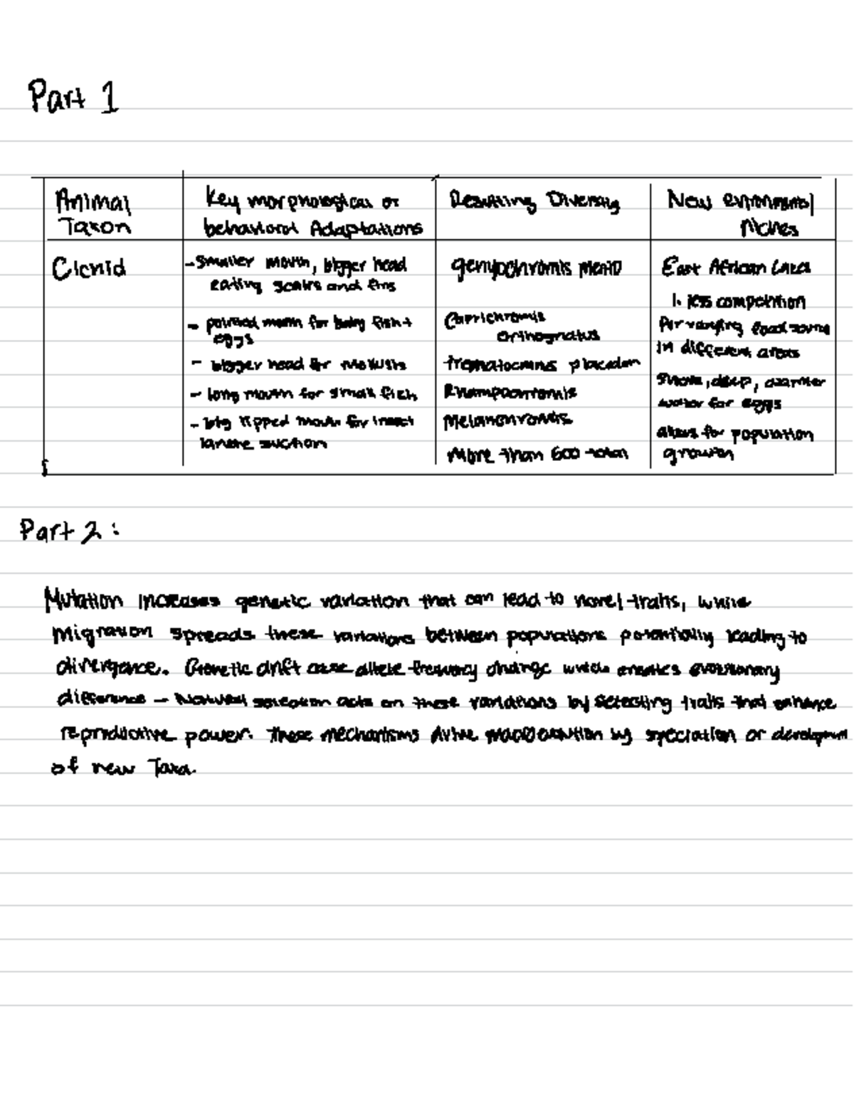 Pre Lab 3 - Pre lab 3 - Part 1 Animal key morphological or Resulting Diversity New evironments ...