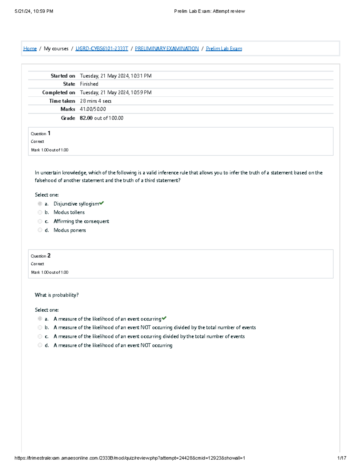 Prelim Lab Exam Attempt review - Home / My courses / UGRD-CYBS6101 ...