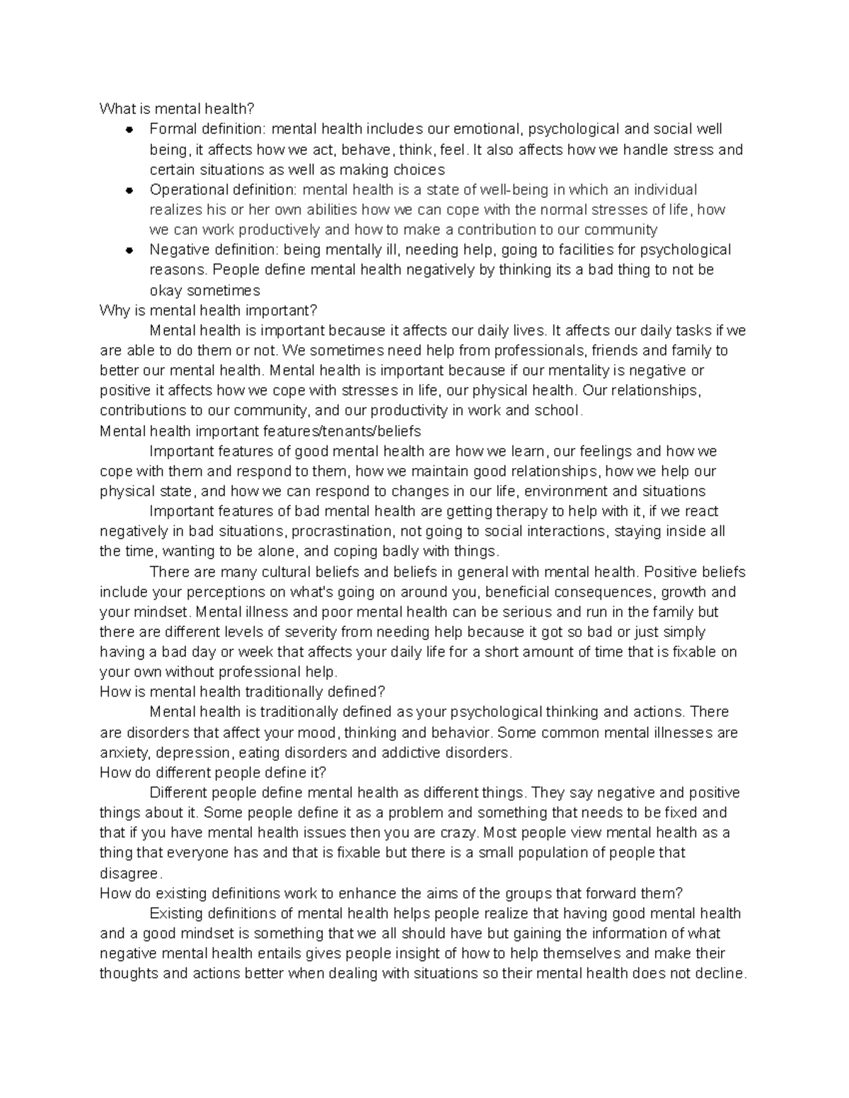 Definitional argument rough draft - What is mental health? Formal ...